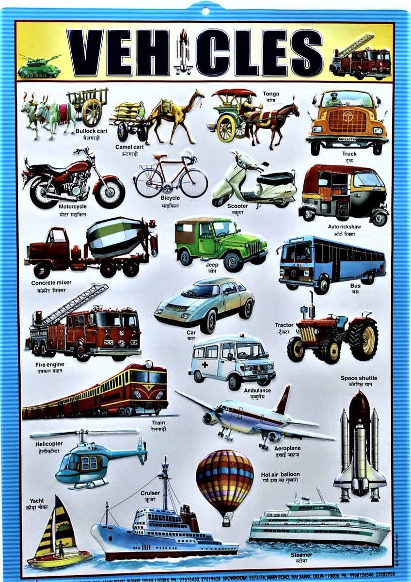 Vehicles Chart – Large Vibrant Color Chart with Words and Spellings in ...